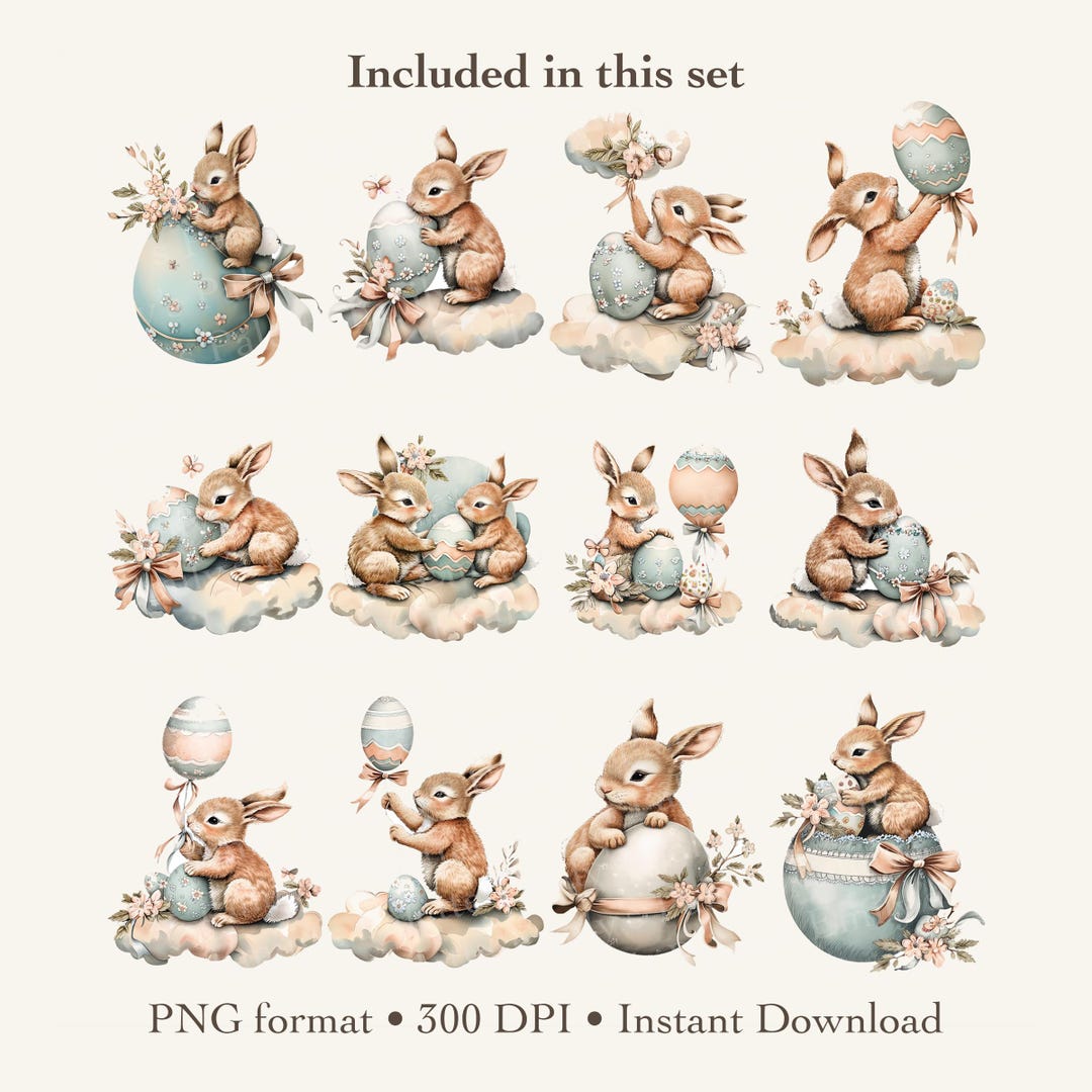 Watercolor Easter Bunny Clipart, Pastel Bunnies, Floral Eggs (digital ...