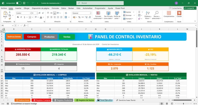 Plantilla Excel Control De Inventario | Dashboard Stock Kpis ROI ...