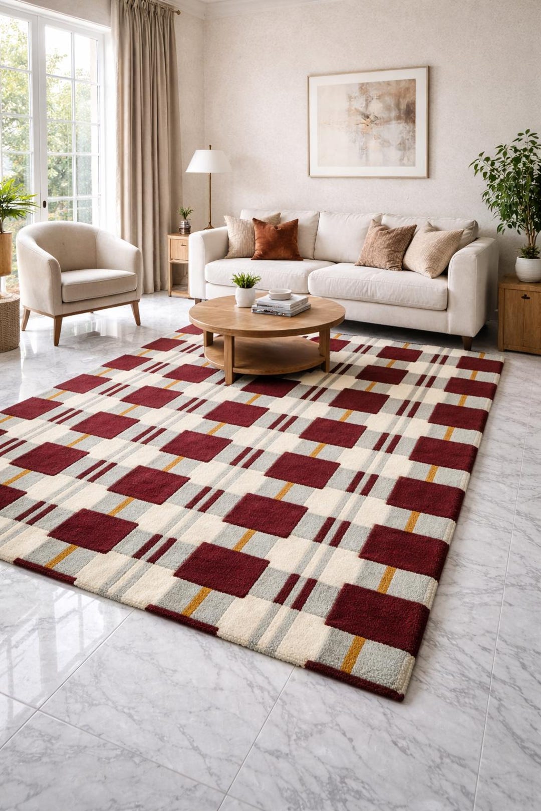 Hand Tufted Plaid Wool Rug, Burgundy and Cream Geometric Area Rug ...