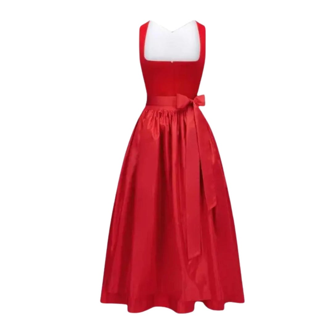 Red Velvet Dirndl | Satin Apron Bow | Sleeveless Bavarian Midi Style - Etsy
