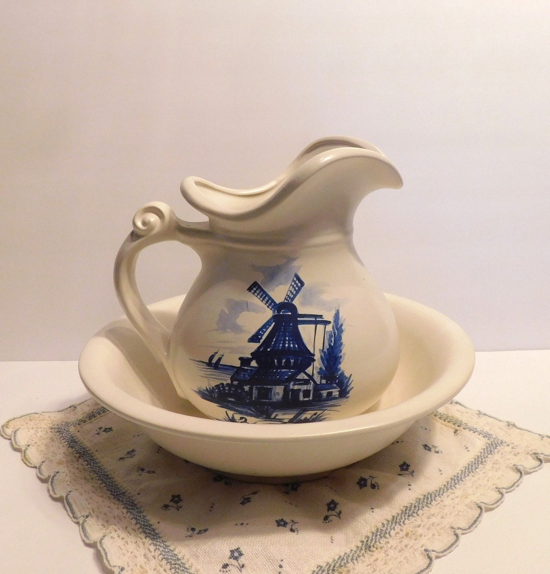 Mccoy Pottery LARGE Delft Blue Colored Windmill Motif Pitcher & Basin ...