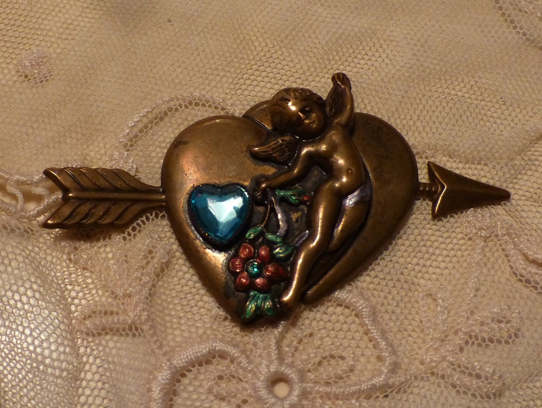 Vintage Cupid Heart Pin, 3-D Brass Design, Aquamarine Crystal Heart ...