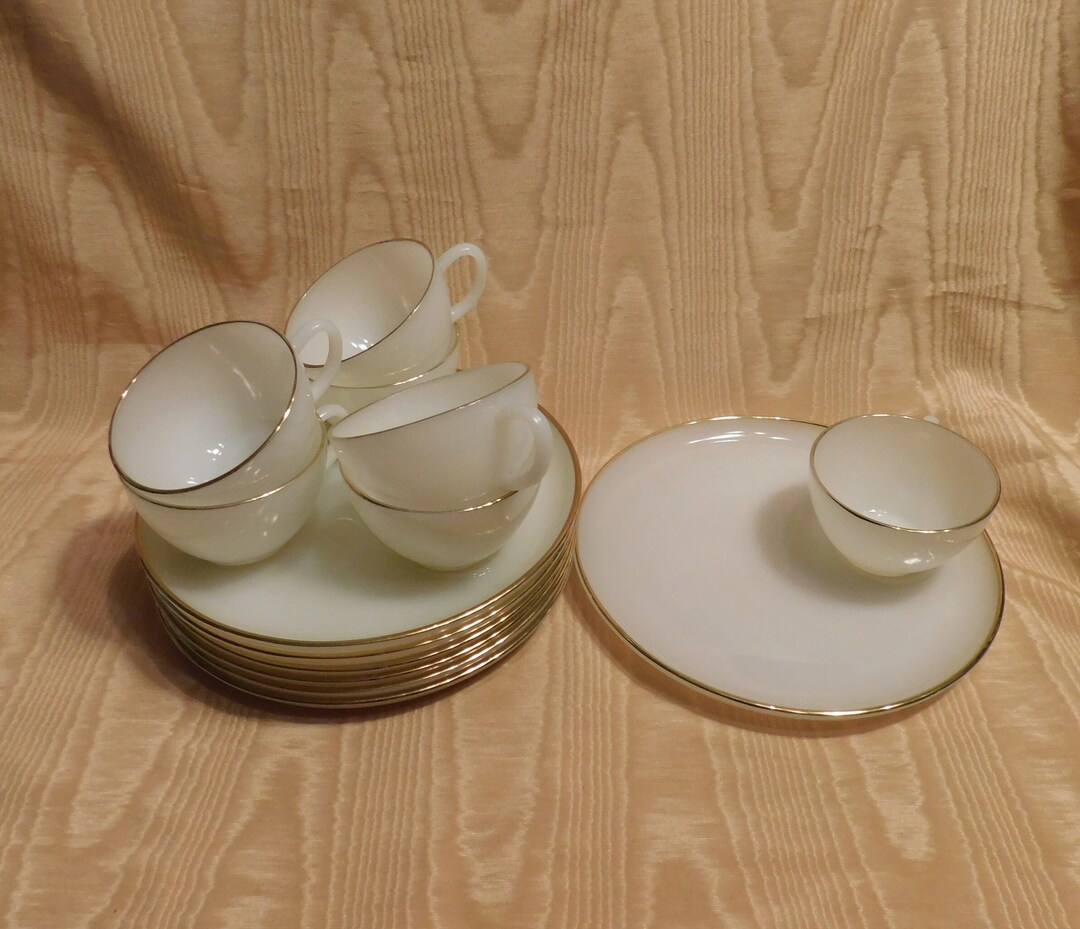 Fire King Anchor Hocking Set of 7 White Translucent Milk Glass Snack ...