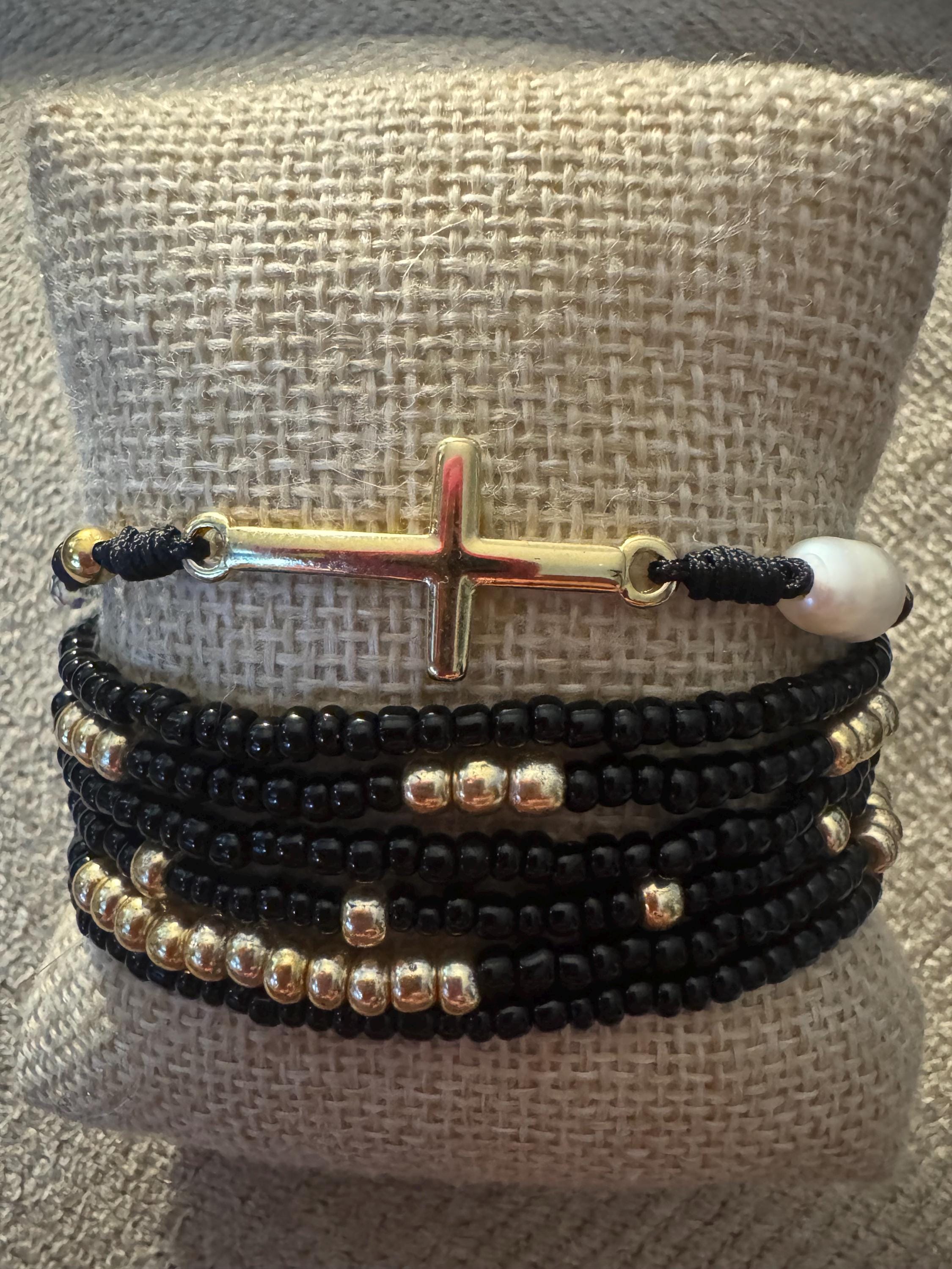 Black and Gold Bracelet Set Handmade Thread Cross Freshwater Pearl - Etsy