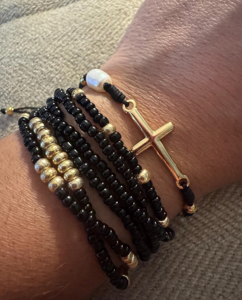 Black and Gold Bracelet Set Handmade Thread Cross Freshwater Pearl - Etsy