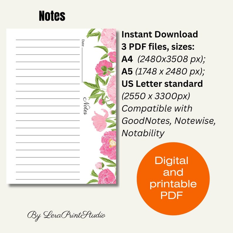 Floral Notes Template – Printable Planner Insert, PDF Digital Download ...
