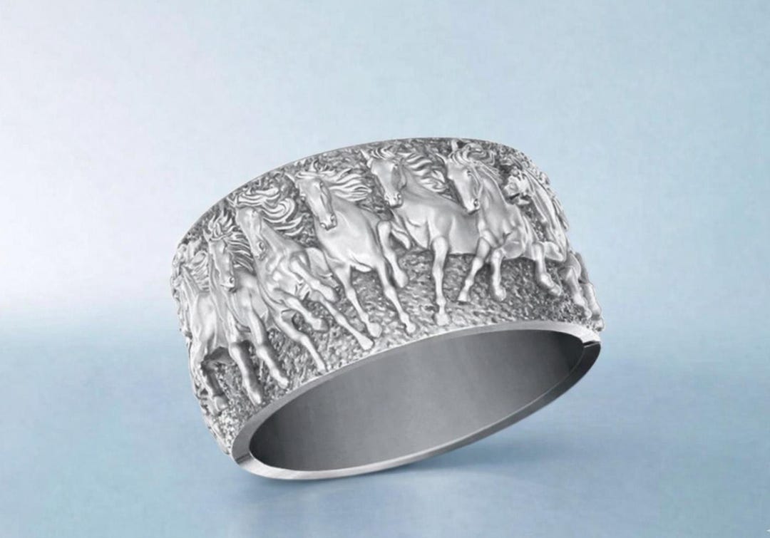Running Horse Band Ring 925 Sterling Silver Wild Stallion Engraved Wide ...