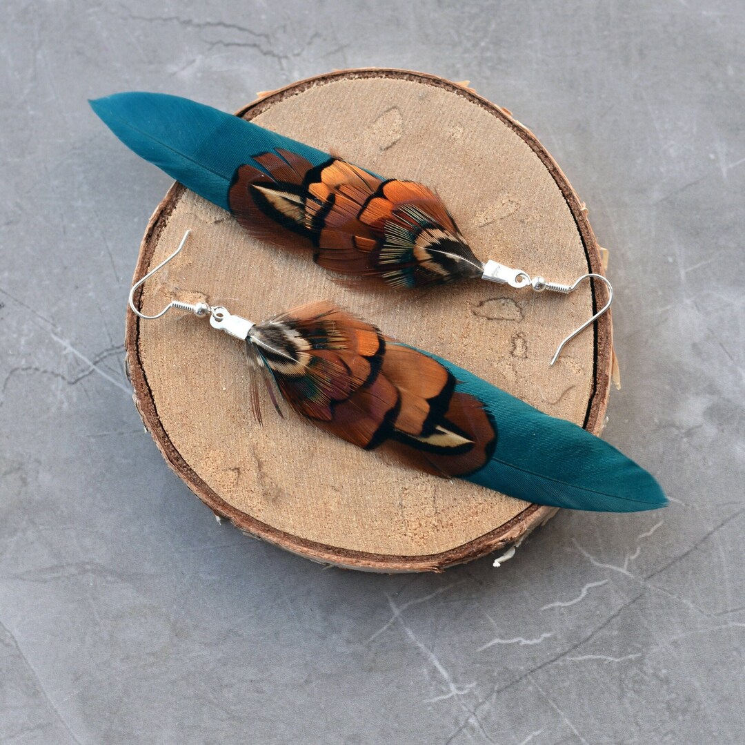 Teal and Copper Pheasant Feather Earrings Festival Earrings Feather ...