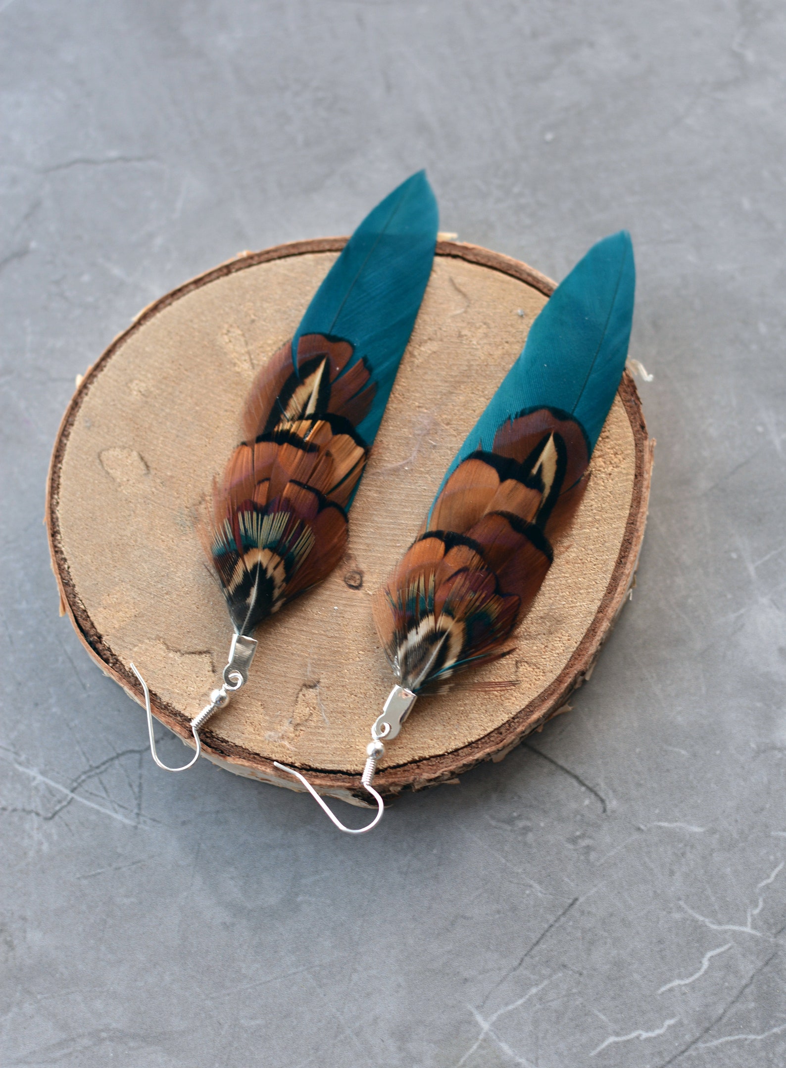 Teal and Copper Pheasant Feather Earrings Festival Earrings | Etsy