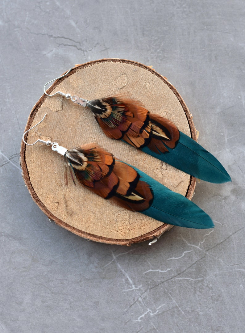 Teal and Copper Pheasant Feather Earrings Festival Earrings | Etsy