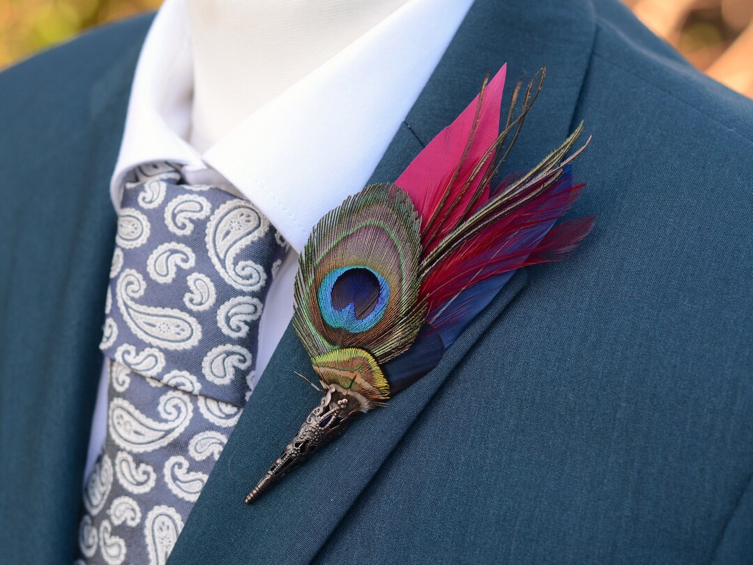Burgundy and Navy Peacock Feather Boutonniere Pin | Feather Hat Pin ...
