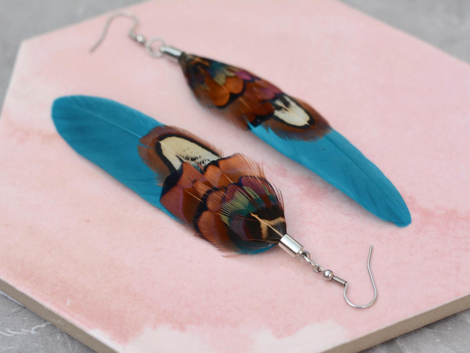 Teal and Copper Pheasant Feather Earrings Festival Earrings Feather ...