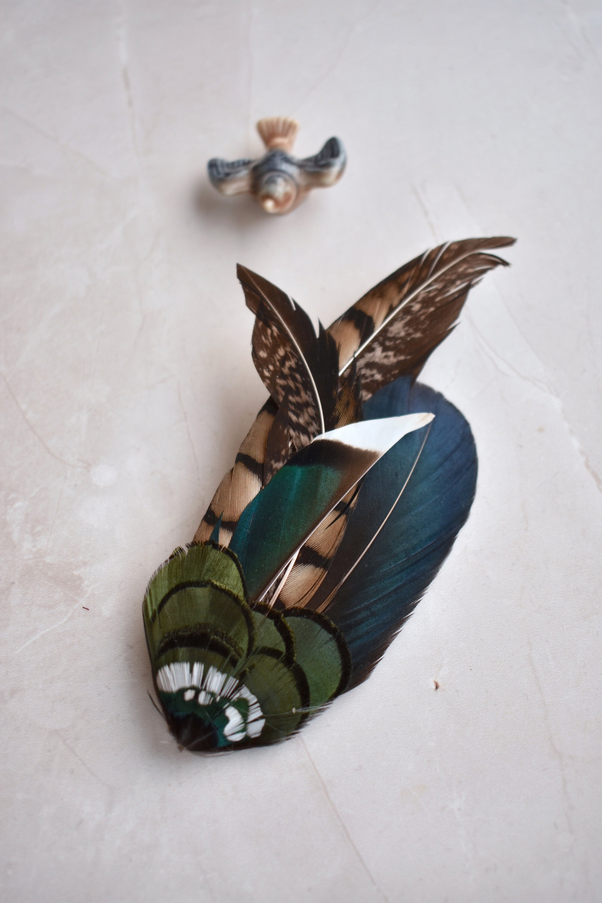 Duck and Pheasant Feather Lapel Pin in Iridescent Green and Blue