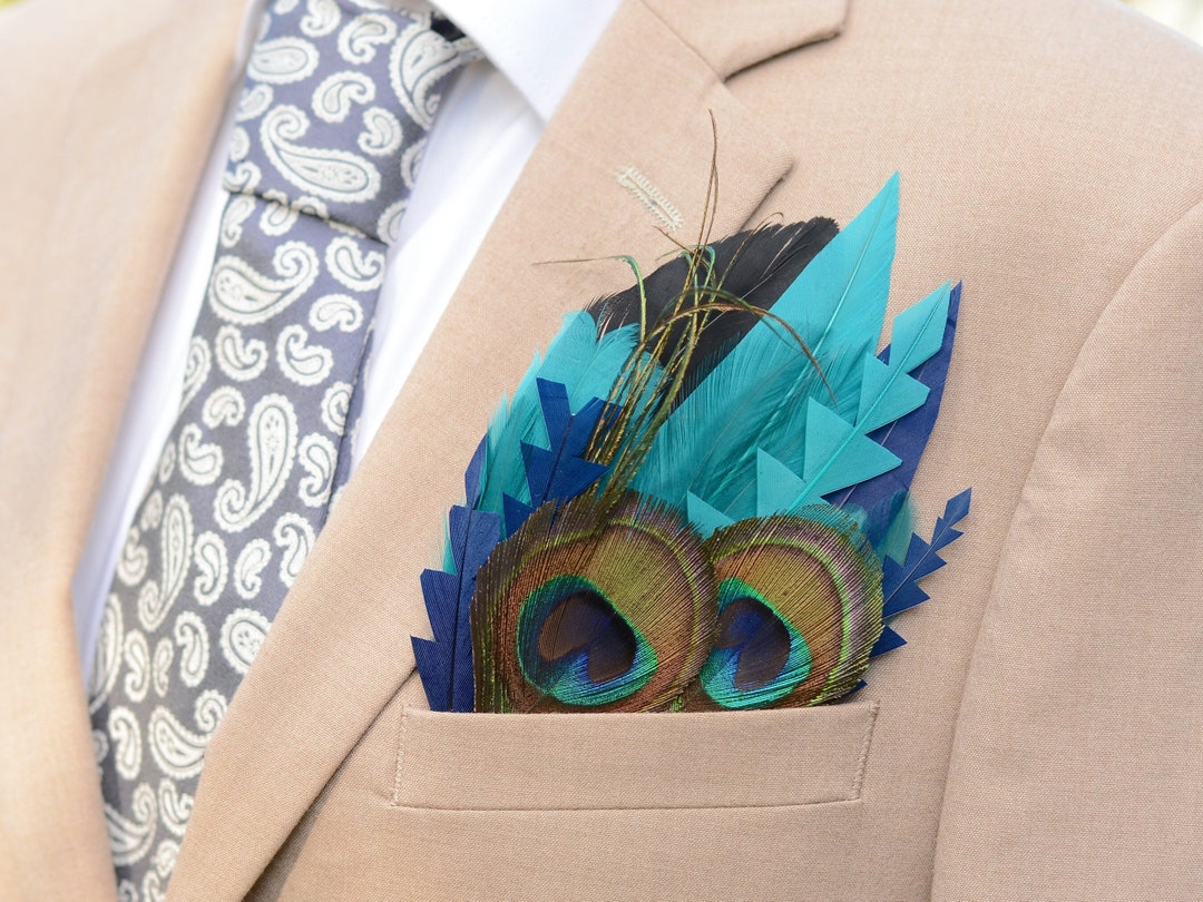 Teal and Navy Peacock Feather Pocket Square No.244 Suit Accessory ...