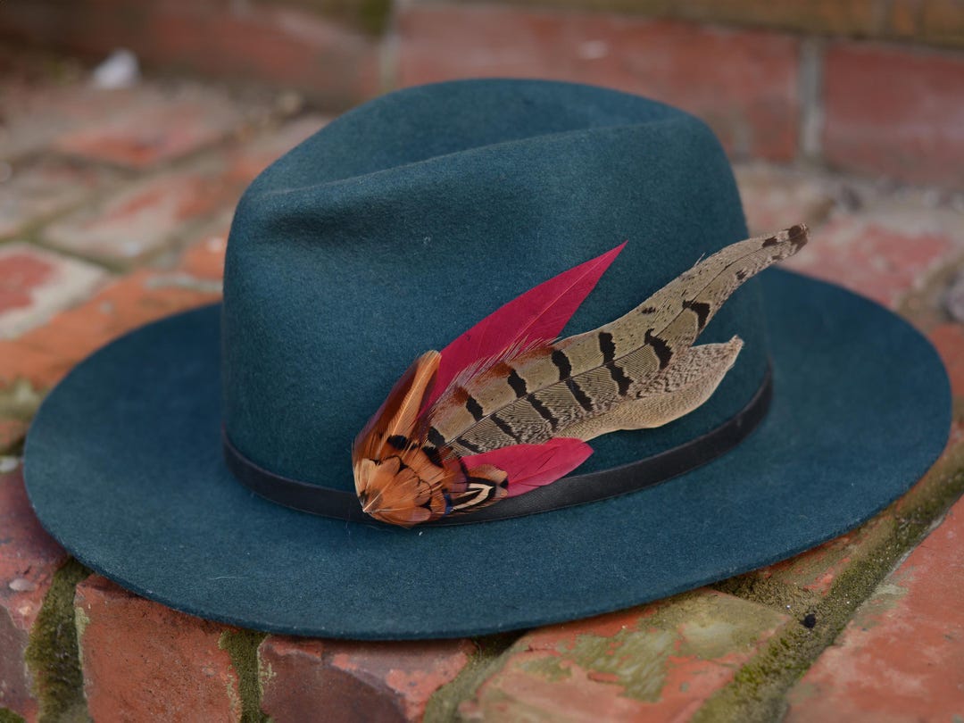 Large Copper Pheasant and Crimson Goose Feather Boutonniere / Hat Pin ...
