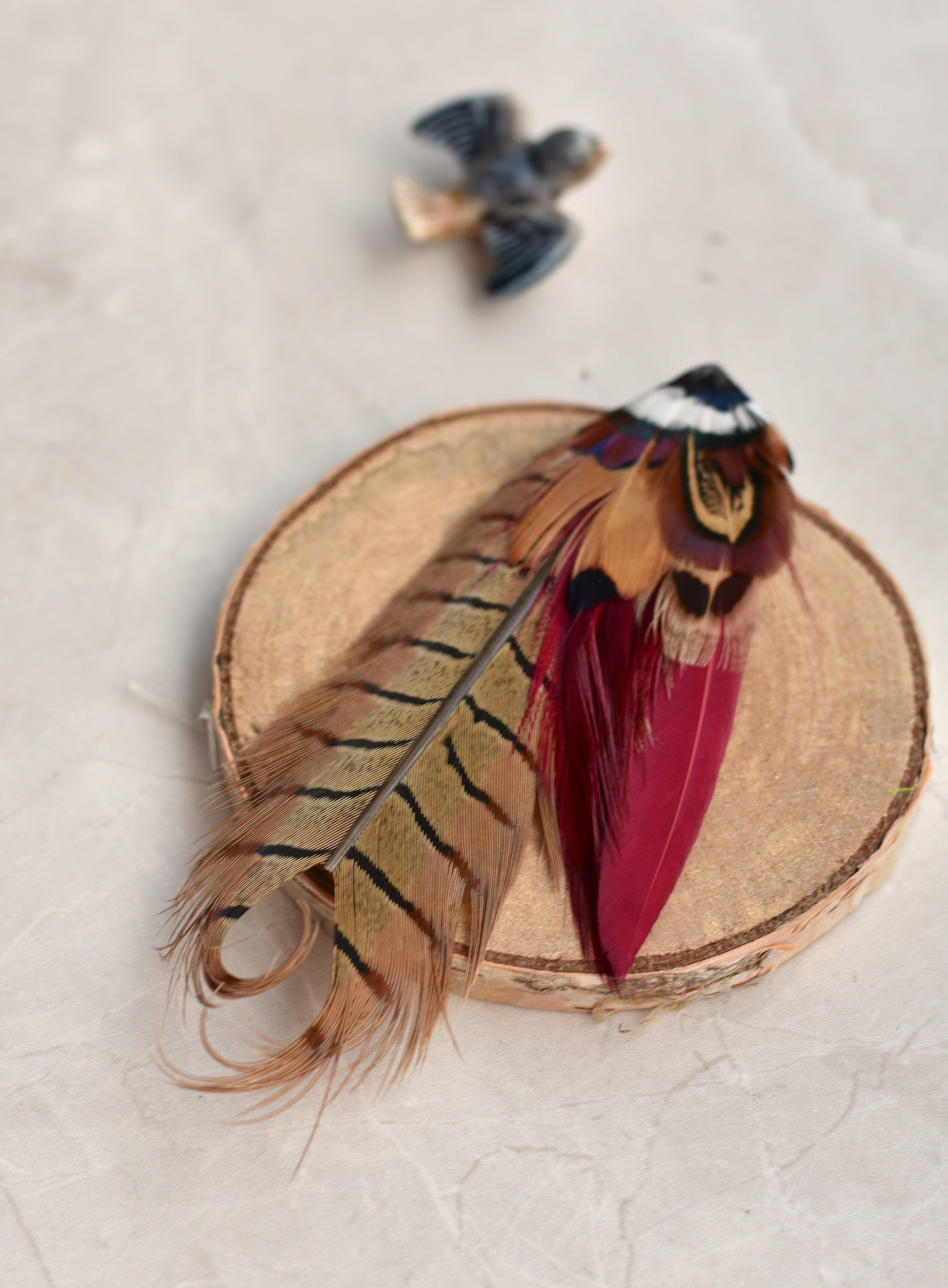 Burgundy and Pheasant Feather Hat Pin / Lapel Pin No.82
