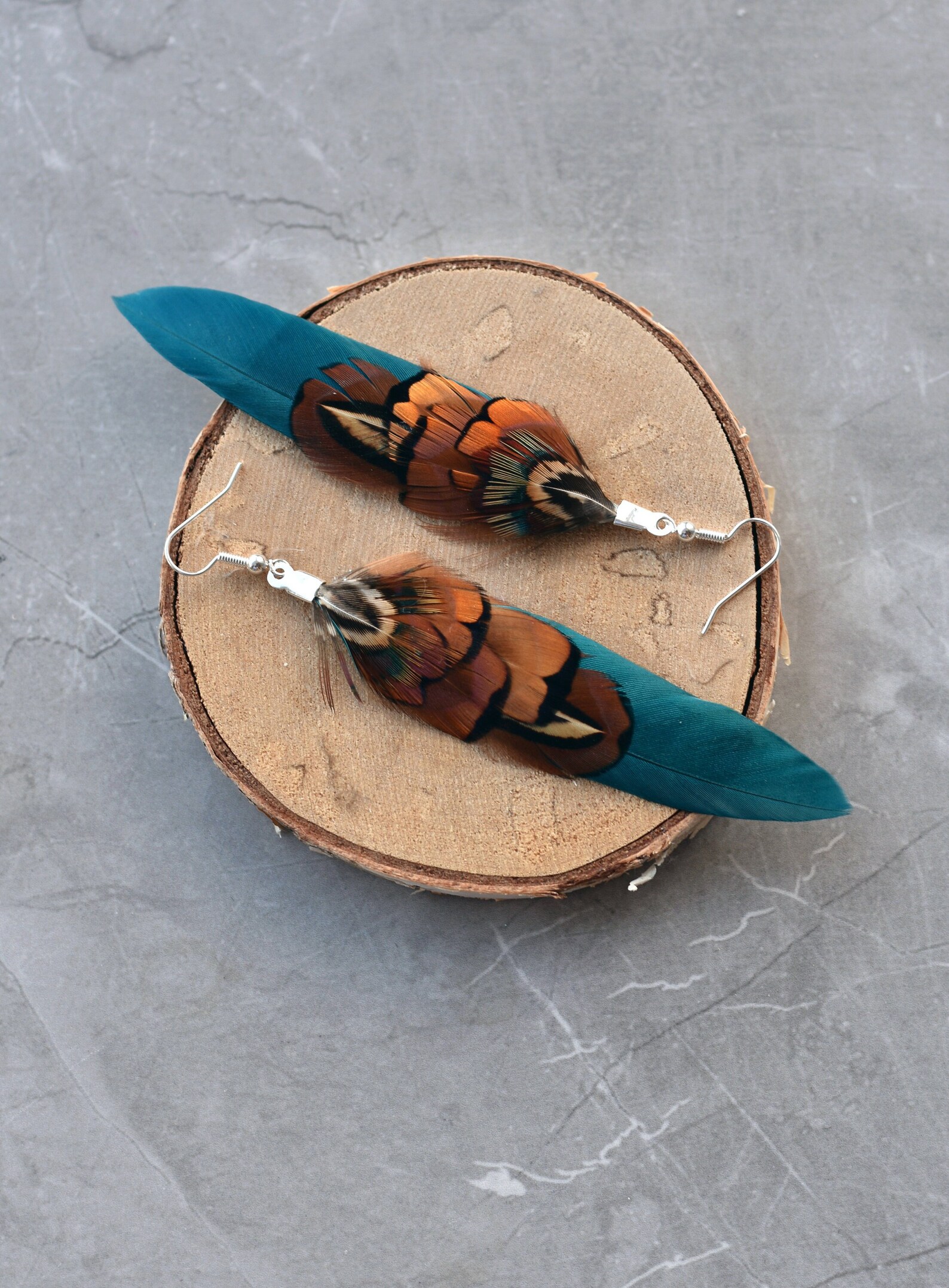 Teal and Copper Pheasant Feather Earrings Festival Earrings | Etsy