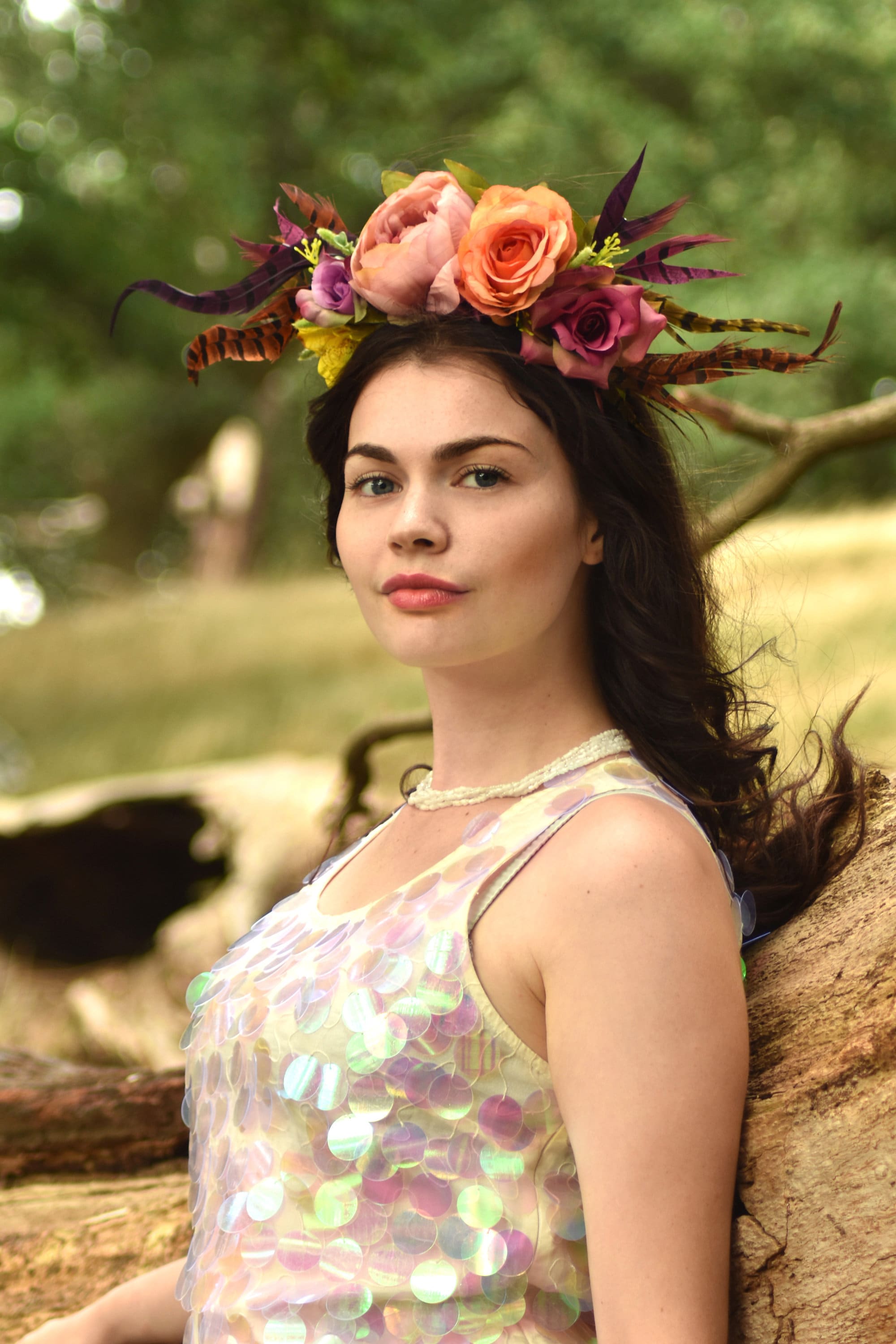 Flower and Pheasant Feather Festival Headpiece in Orange, Pink, Purple ...