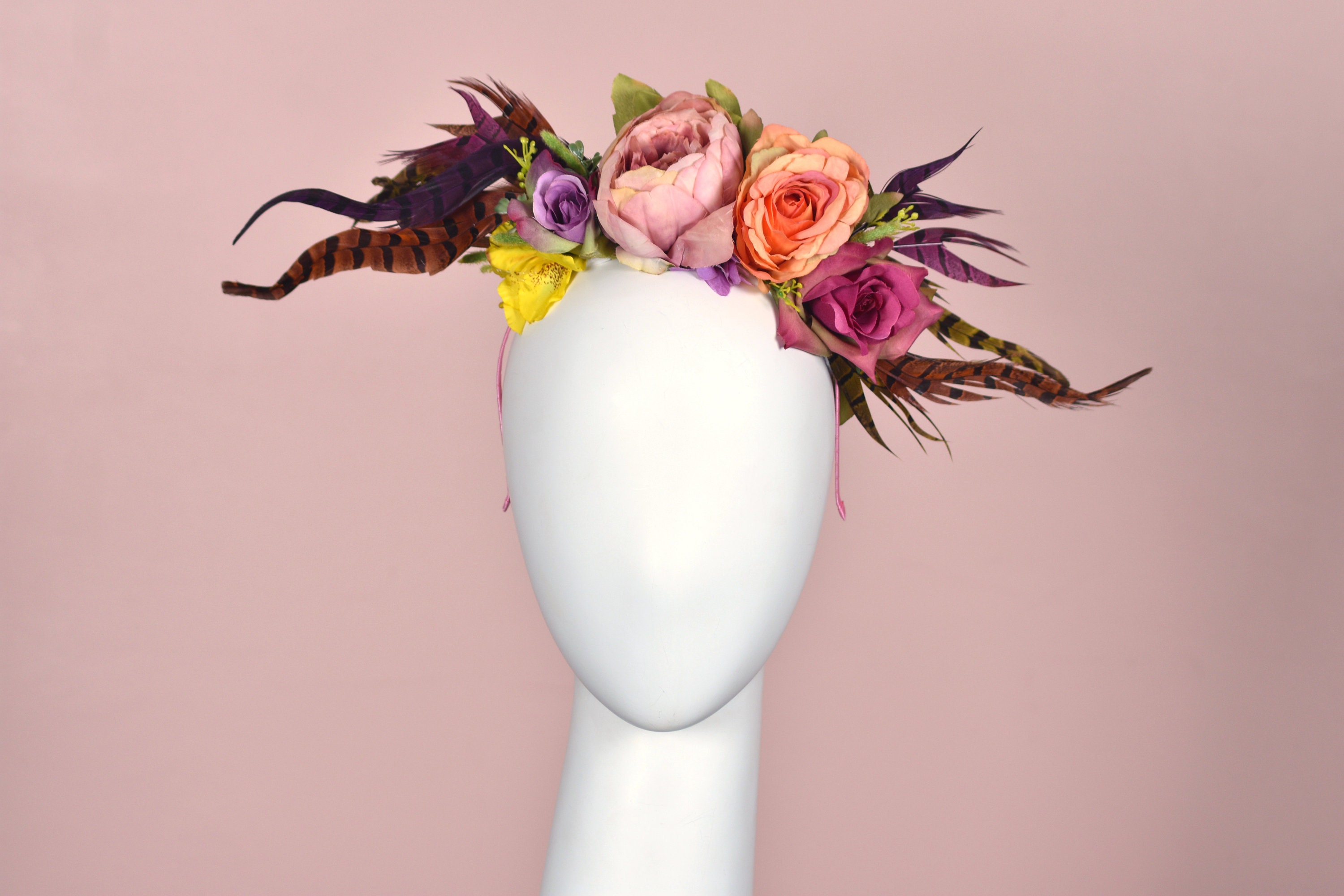 Flower and Pheasant Feather Festival Headpiece in Orange, Pink, Purple ...