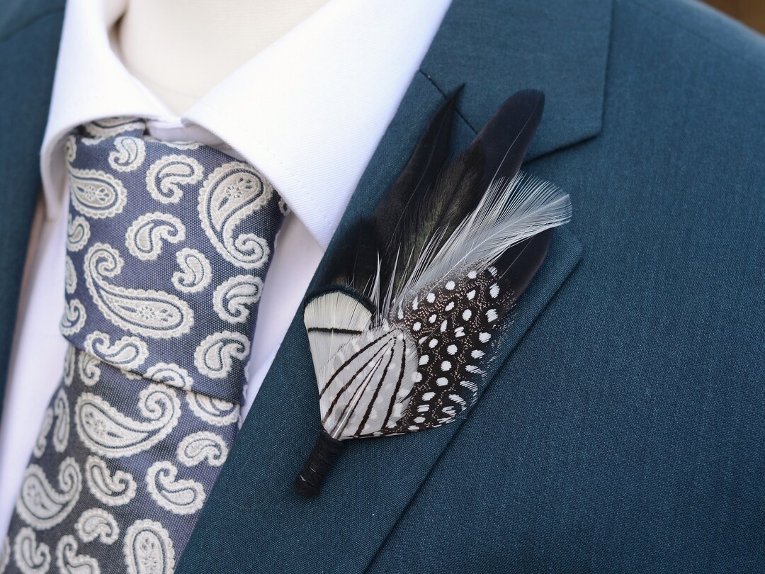 Feather Brooch Pin in Monochrome Black and White | Feather Boutonniere ...
