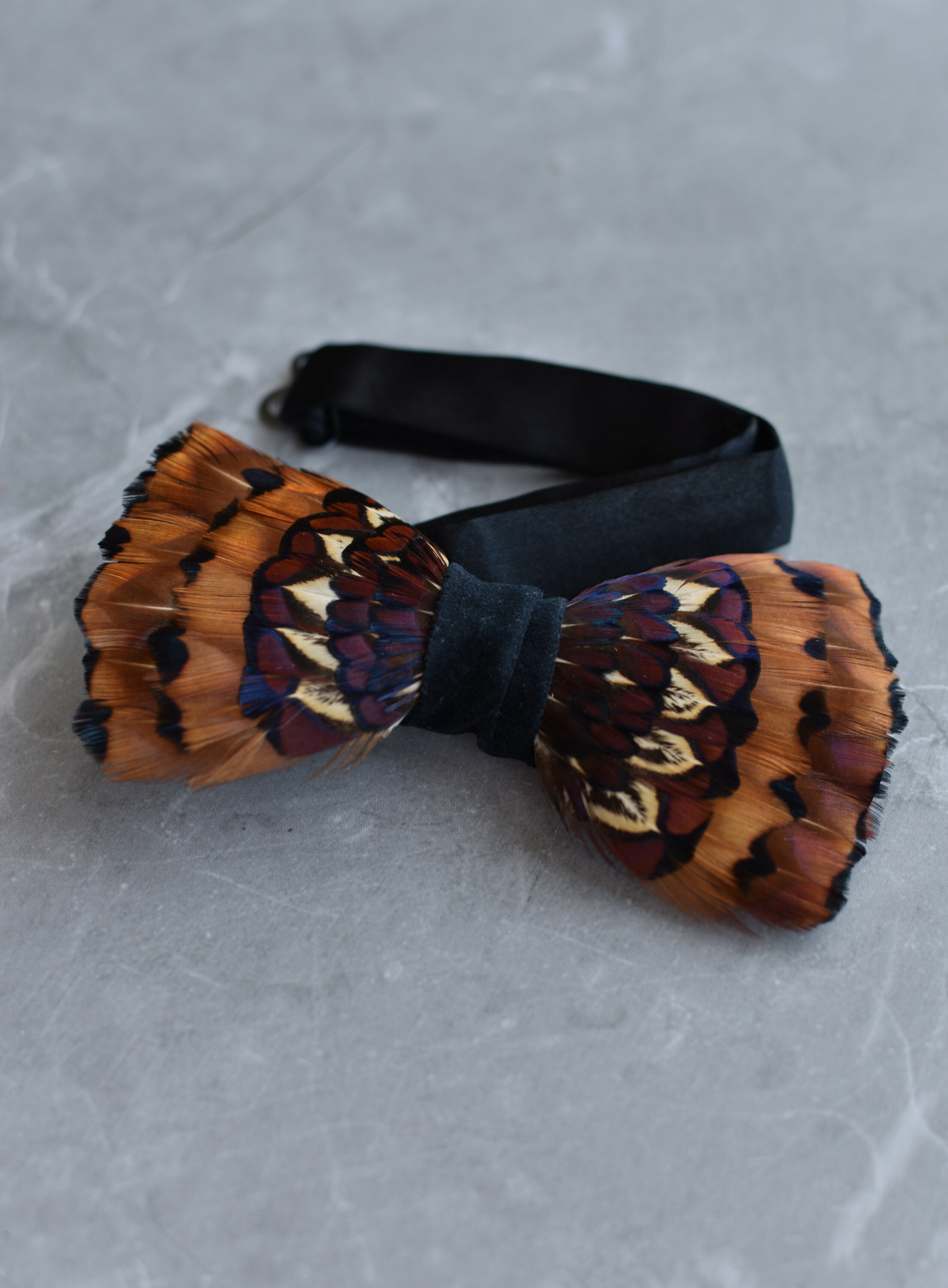 Pheasant Feather Bow Tie in Copper and Chocolate Brown