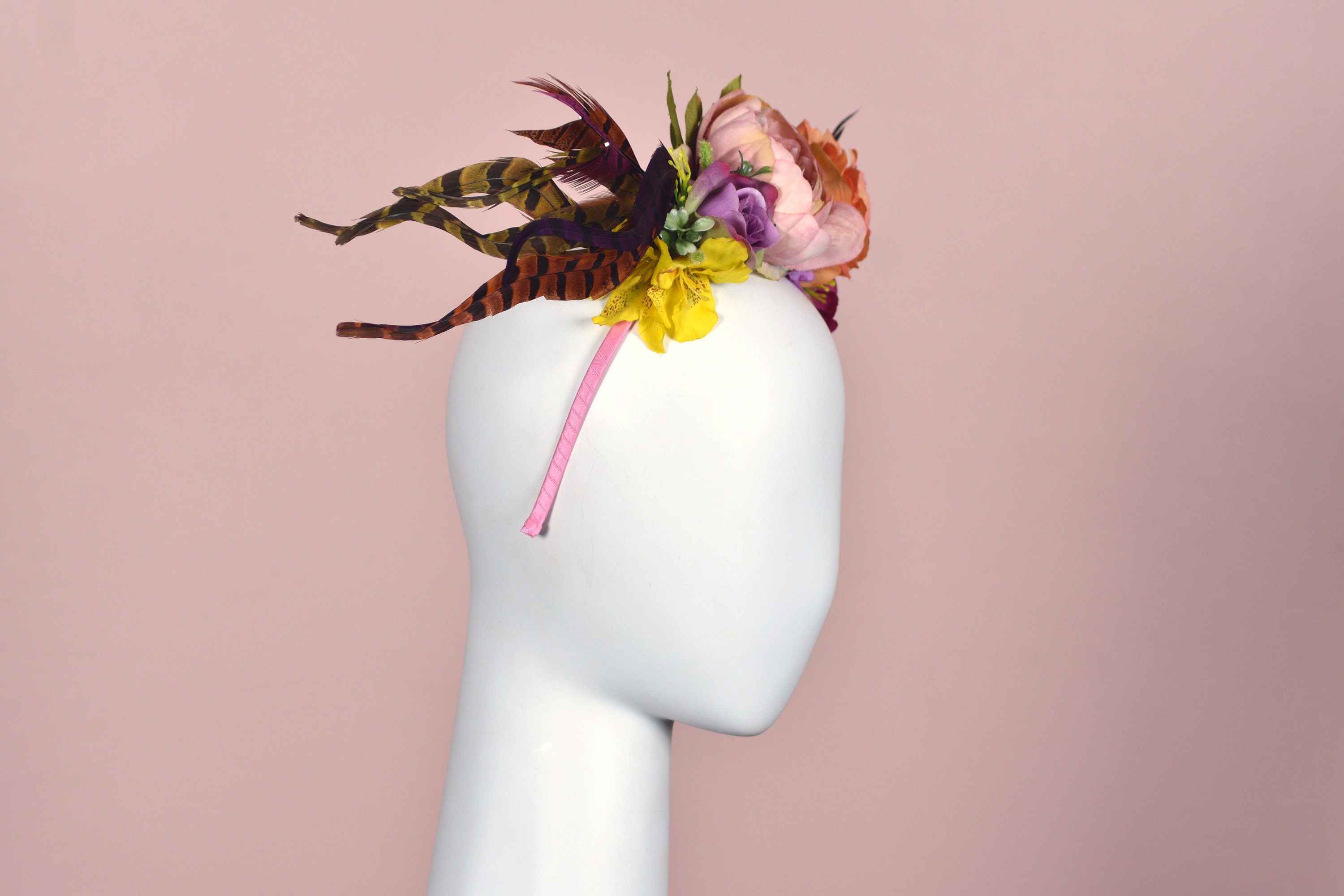Flower and Pheasant Feather Festival Headpiece in Orange, Pink, Purple ...