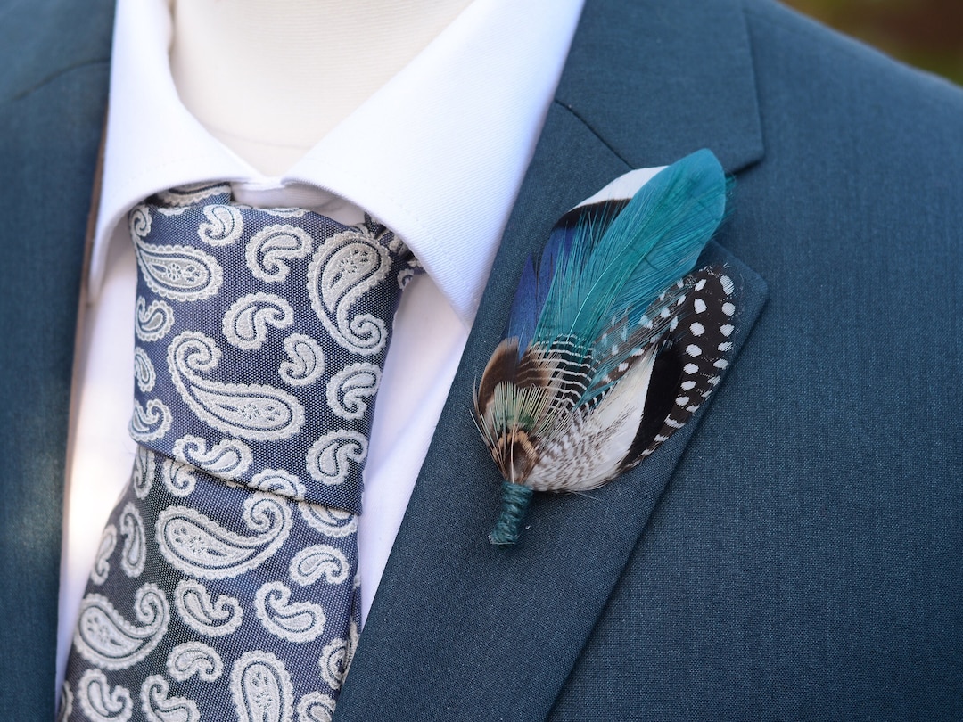 Blue and Teal Duck Feather Lapel Pin | Duck Feather Boutonniere ...