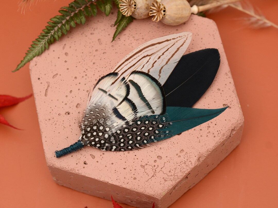 Feather Hat Pin in Monochrome and Green No.201 Feather Boutonniere ...