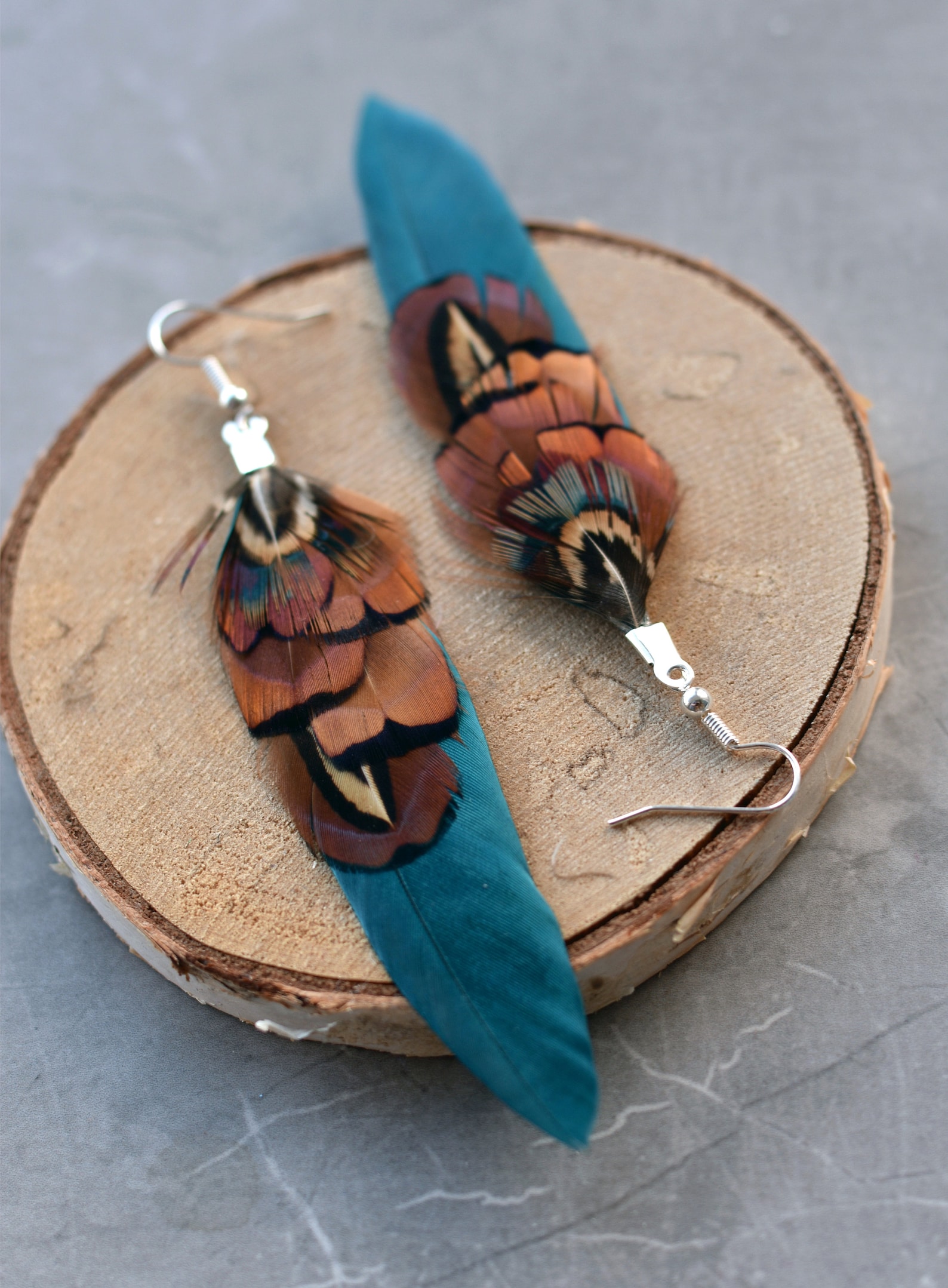 Teal and Copper Pheasant Feather Earrings Festival Earrings | Etsy