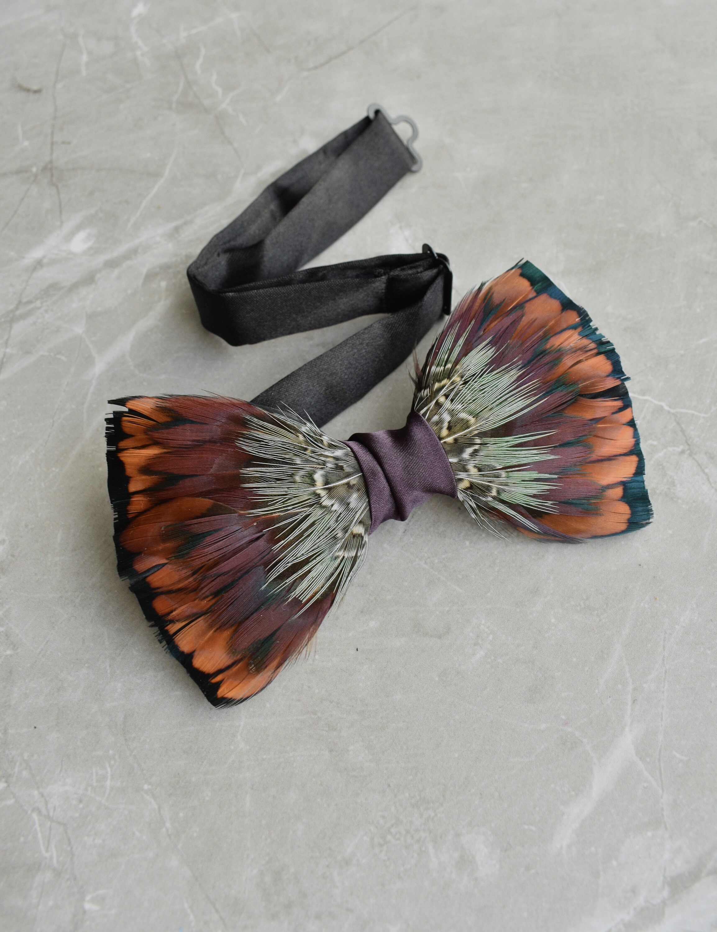 Plum and Copper Pheasant Feather Bow Tie No.9