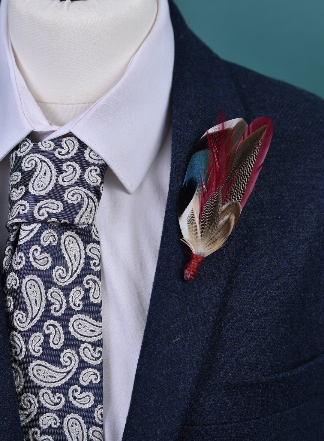 Burgundy and Navy Blue Duck Feather Lapel Pin Duck Feather Boutonniere ...