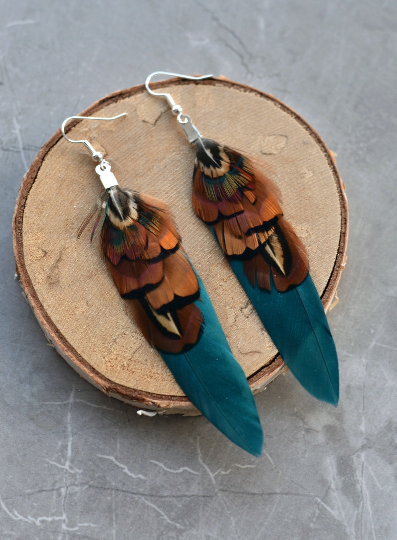Teal and Copper Pheasant Feather Earrings Festival Earrings | Etsy