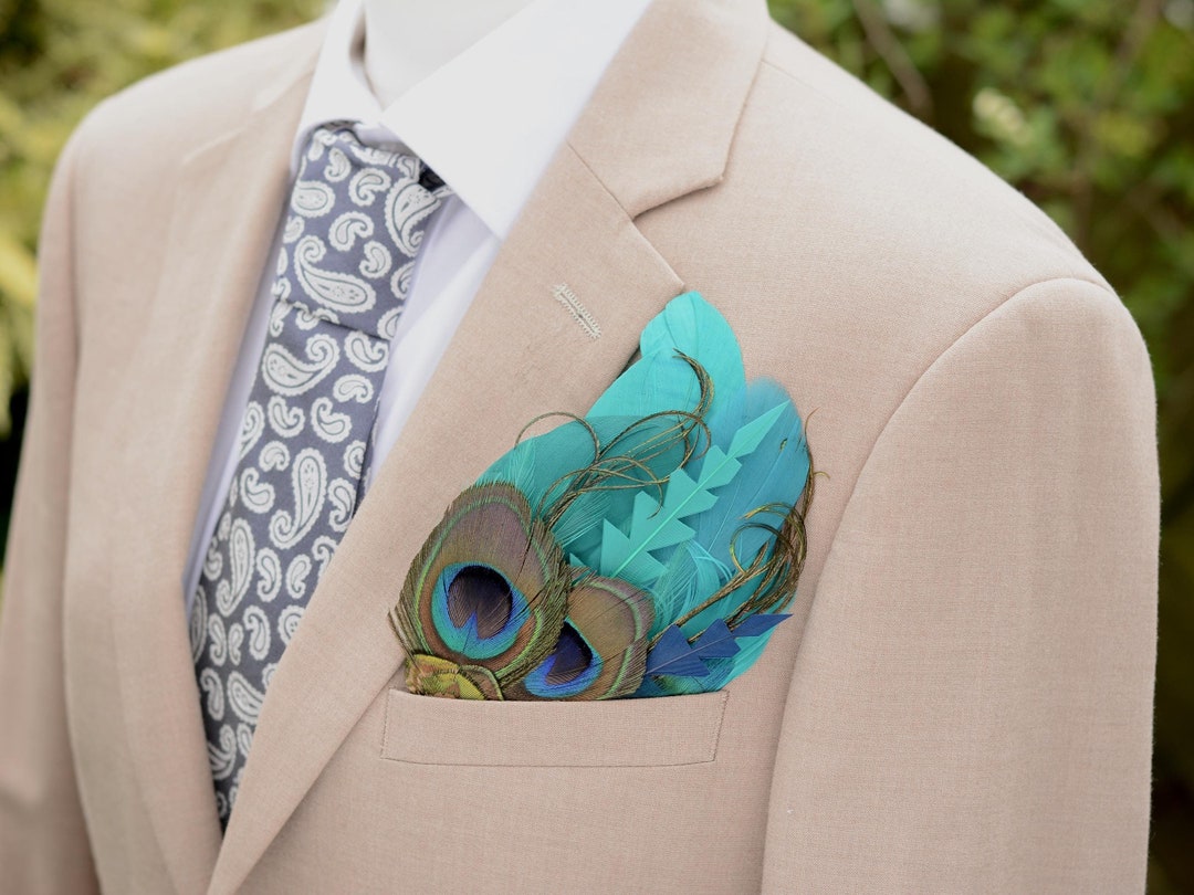 Peacock Feather Pocket Square in Teal and Turquoise Green No.215 | Suit ...