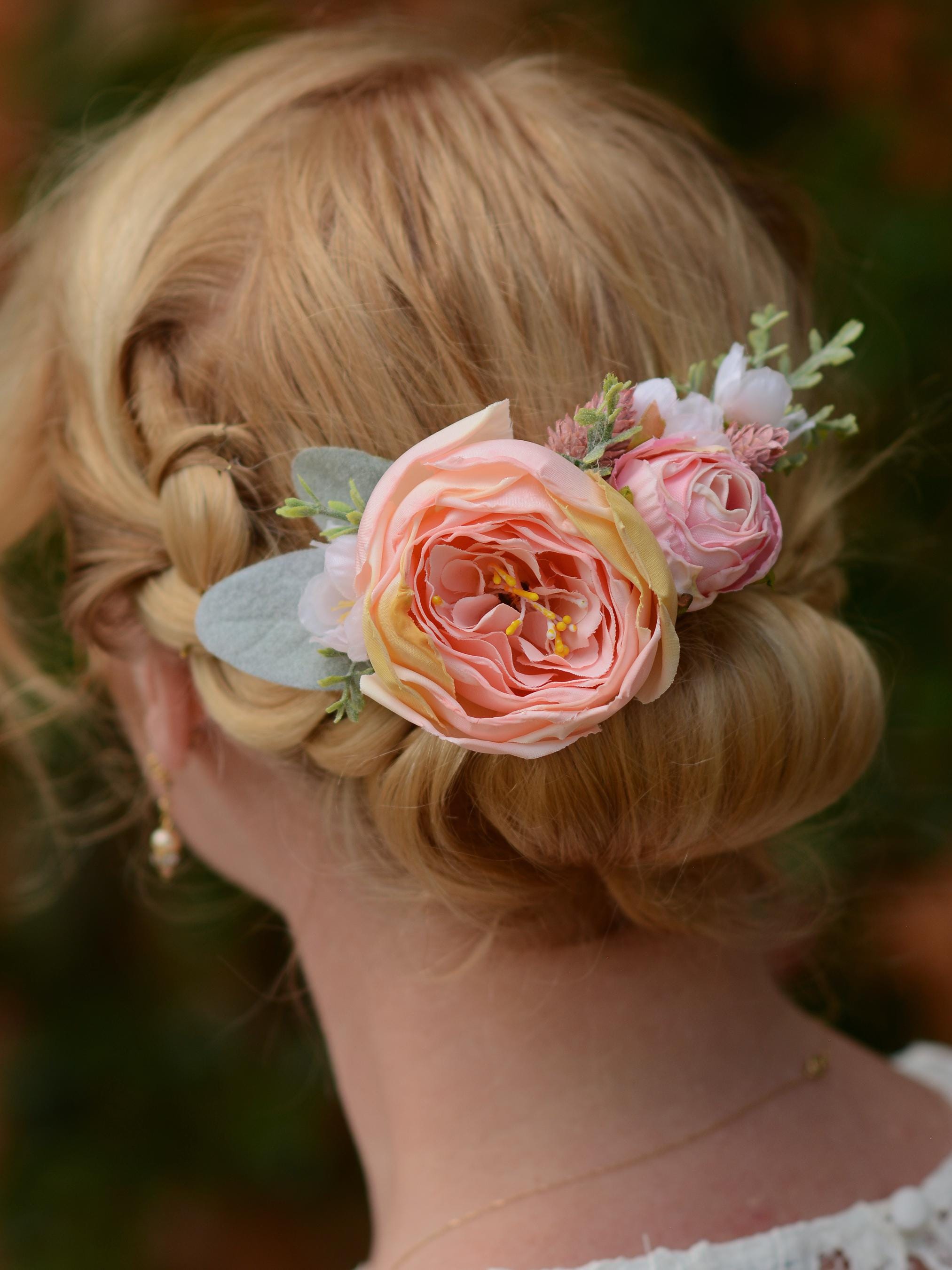 Blush Pink Flower Hair Comb Roses and Cherry Blossom - Bridal Hair ...
