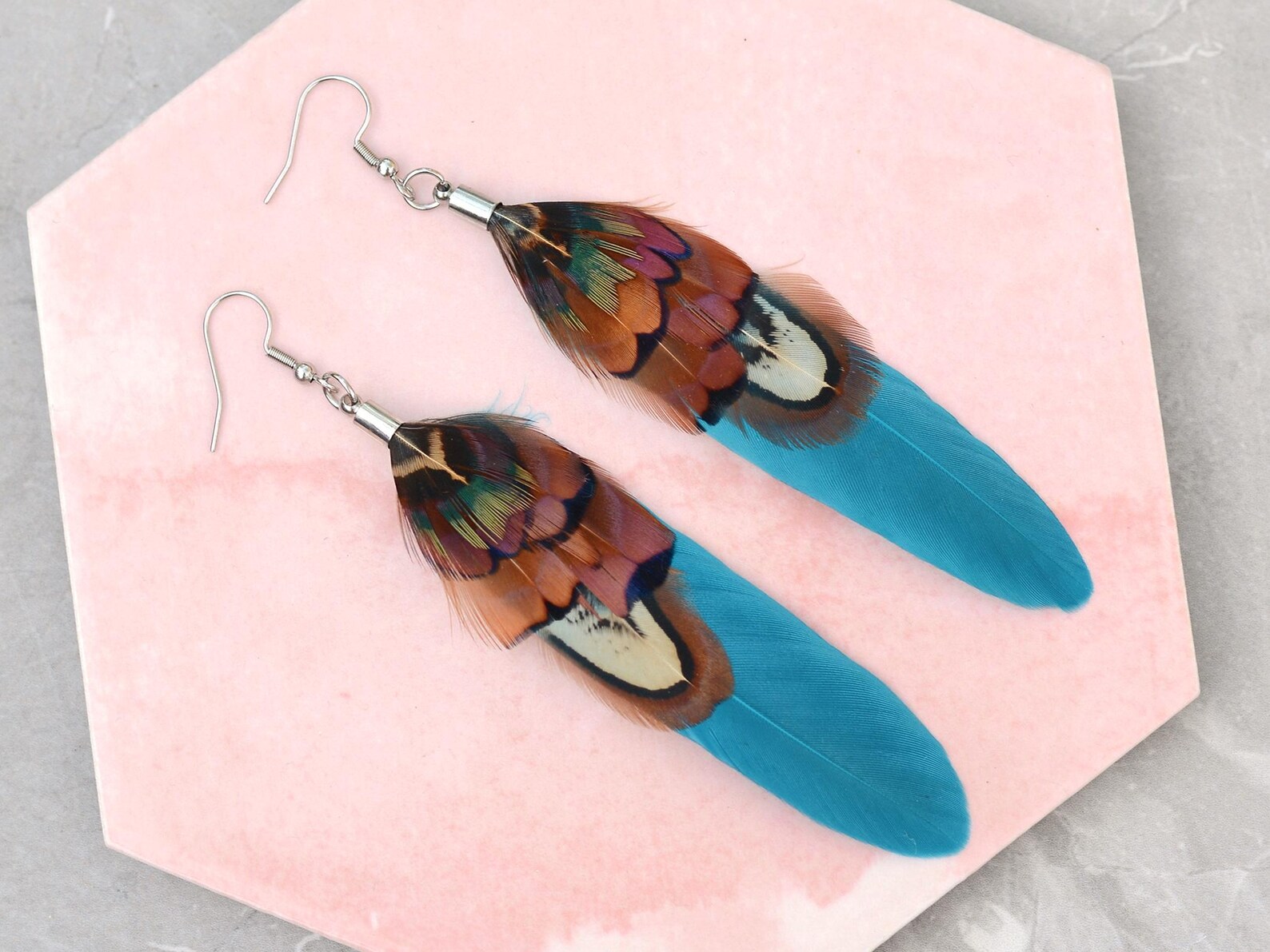 Teal and Copper Pheasant Feather Earrings Festival Earrings Feather ...