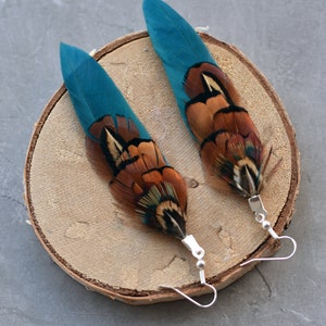 Teal and Copper Pheasant Feather Earrings Festival Earrings | Etsy