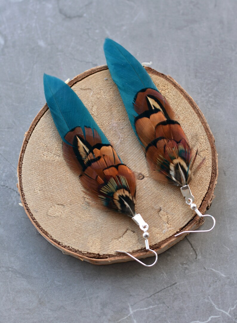 Teal and Copper Pheasant Feather Earrings Festival Earrings | Etsy