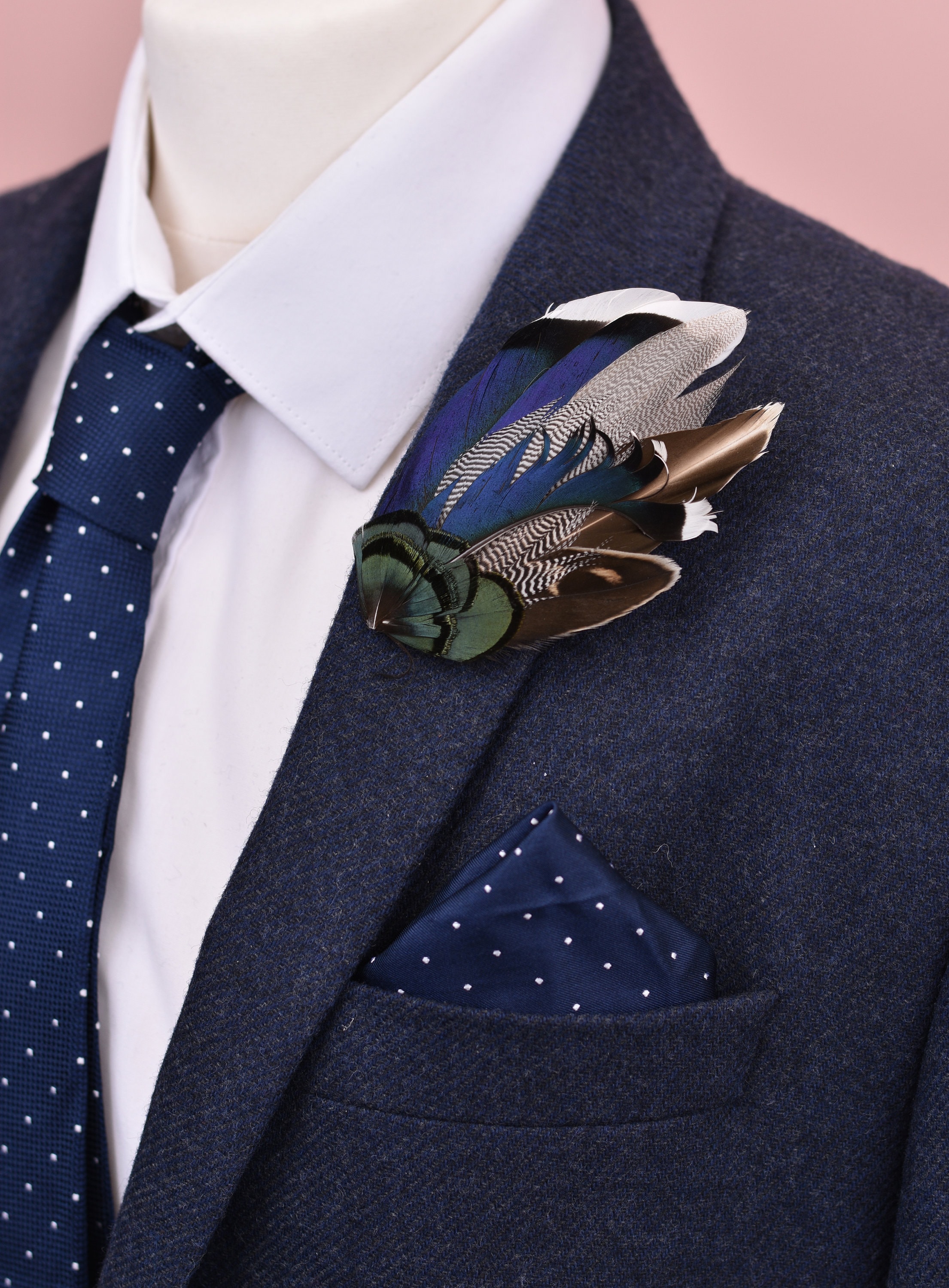 Navy Blue Duck Feather Lapel Pin Brooch No.32