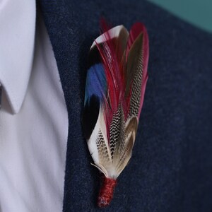 Burgundy and Navy Blue Duck Feather Lapel Pin Duck Feather Boutonniere ...