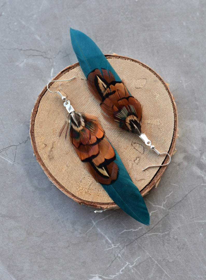 Teal and Copper Pheasant Feather Earrings Festival Earrings | Etsy