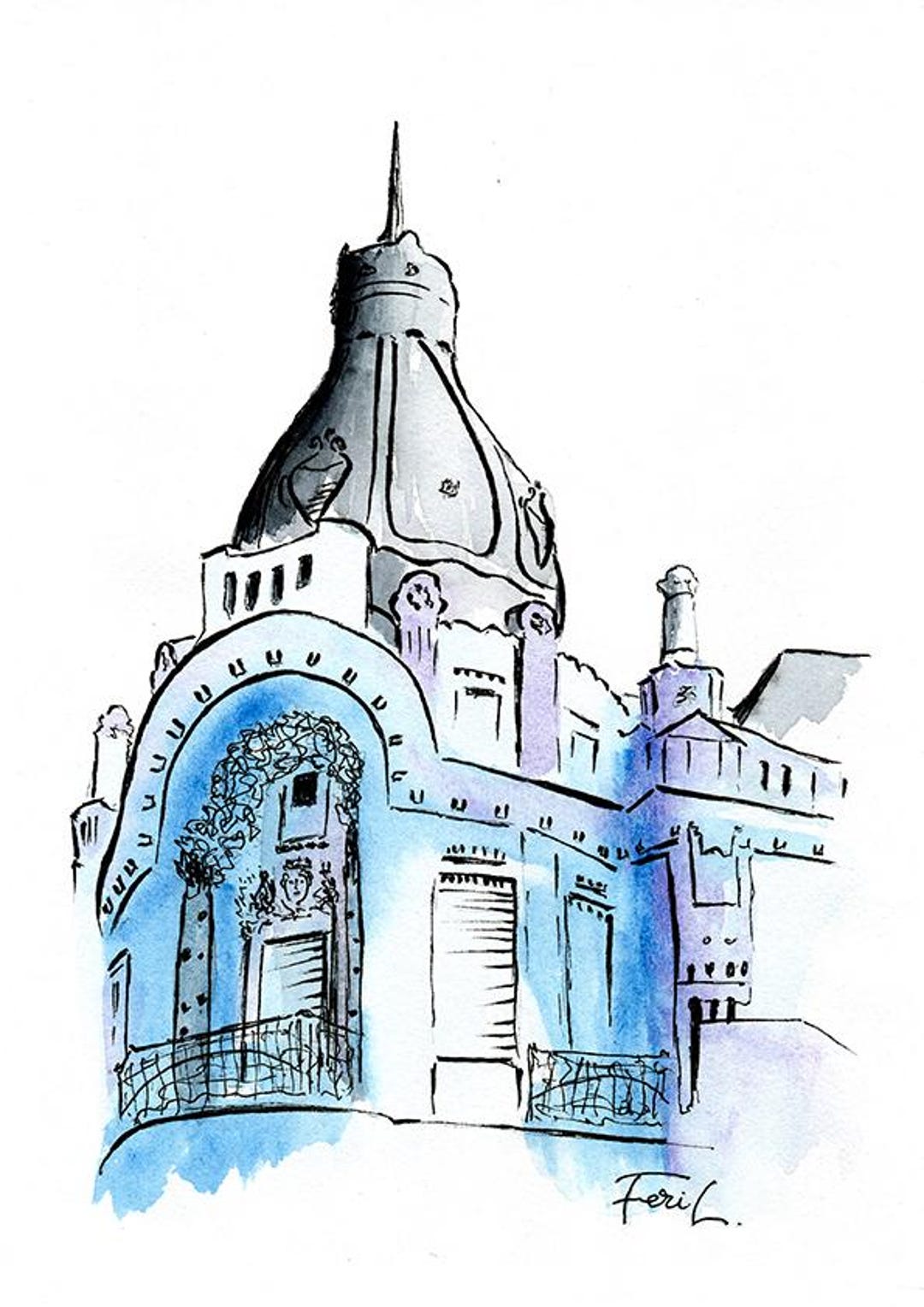 Moskovits Palace Oradea Watercolor Print — Art Nouveau Blue Building ...