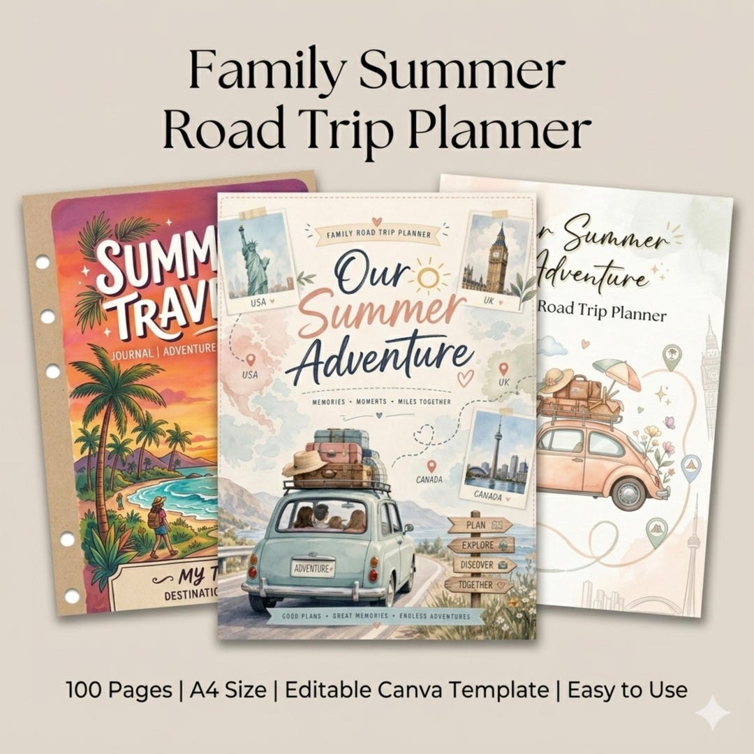 Family Summer Road Trip Planner | 100 Page Editable Canva Template ...