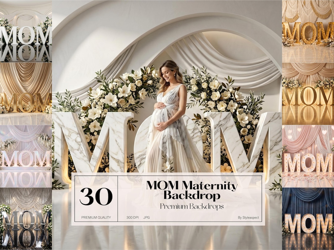 30 MOM Maternity Backdrop Digital Download, Floral Marble Pregnancy ...