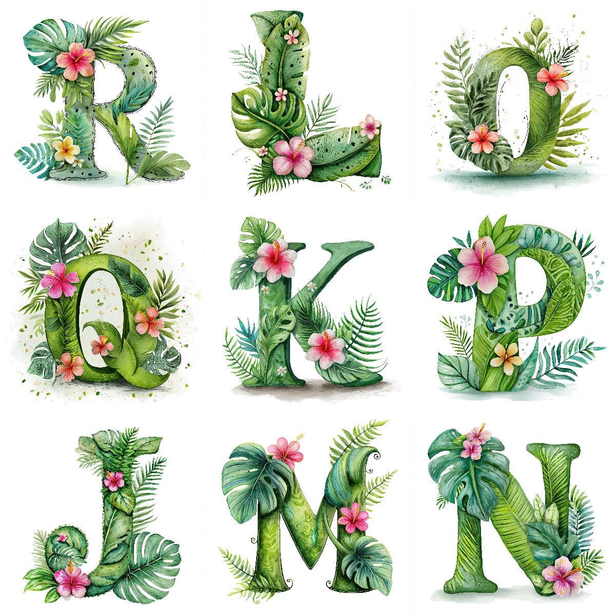 26 JPG Whimsical Tropical Alphabet Clipart Bundle Jungle Letters ...