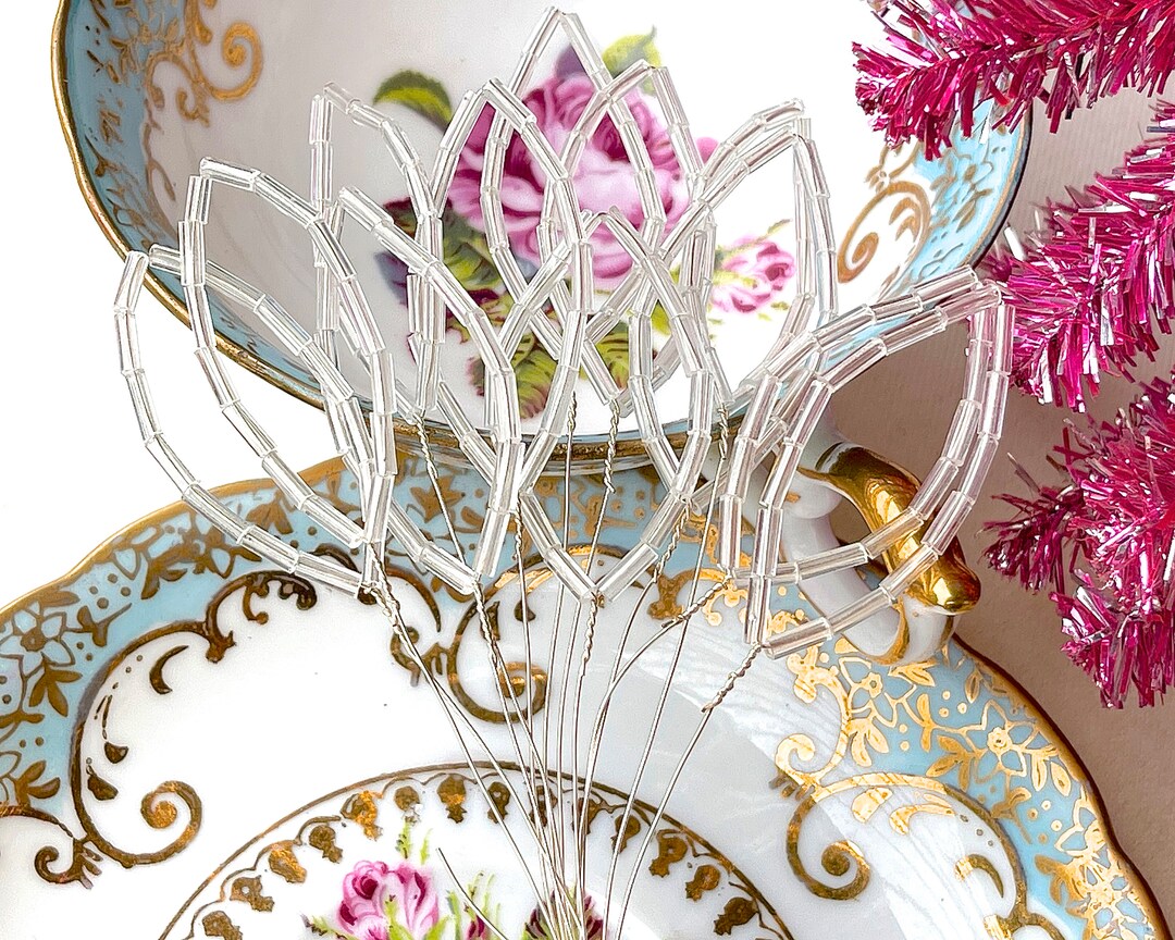 VINTAGE: 8pcs - Beaded Leaf Stems - Clear Buggle Bead Leaves - Floral ...