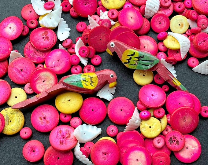 VINTAGE: 1970s Natural Coconut, Shell Beads and Carved Wooden Bird ...