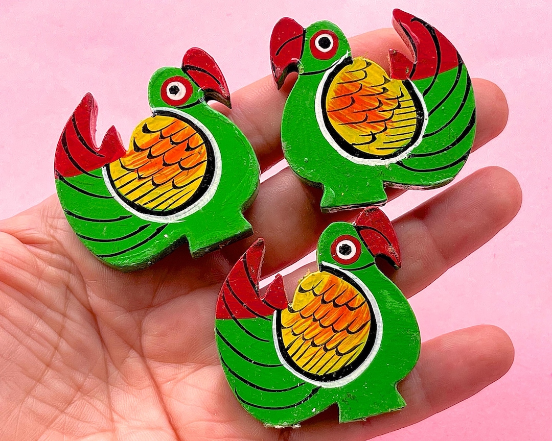 VINTAGE: 3pcs - Carved Balsa Wooden Parrot Bird Beads, Pendants, Charms ...