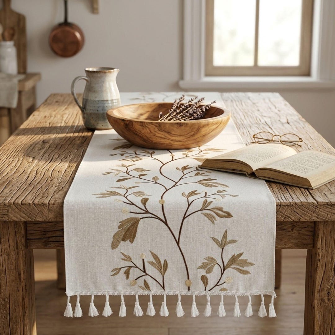 Linen Cotton Embroidered Table Runner, Farmhouse Dining Table Decor ...