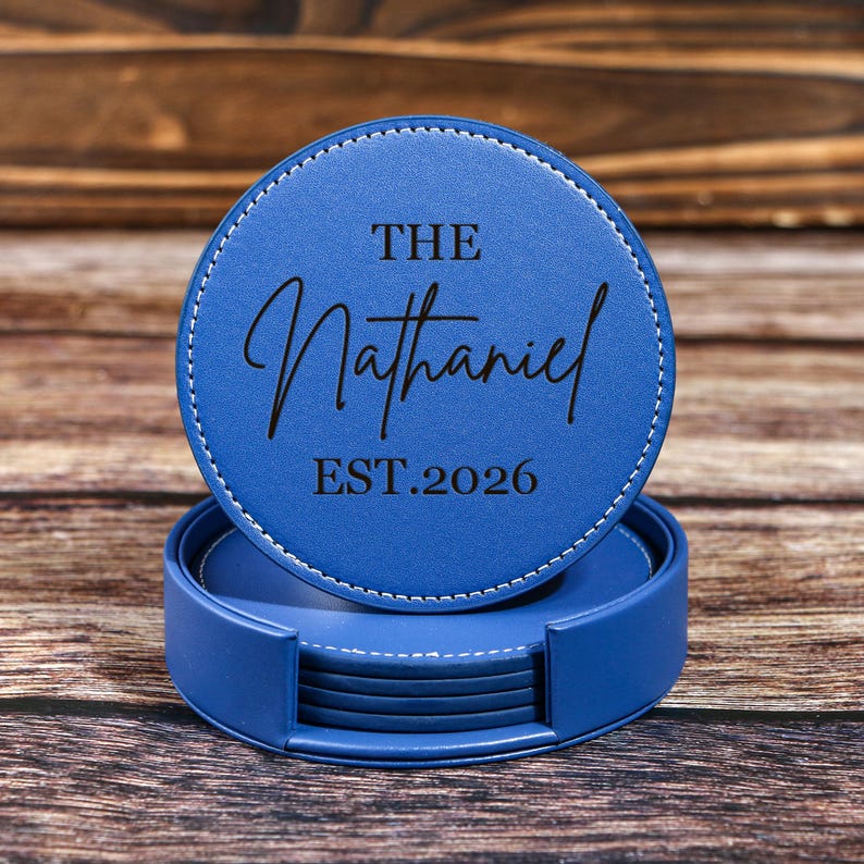Custom Leather 5 Pcs Round Coaster Set,personalized Coasters,wedding ...