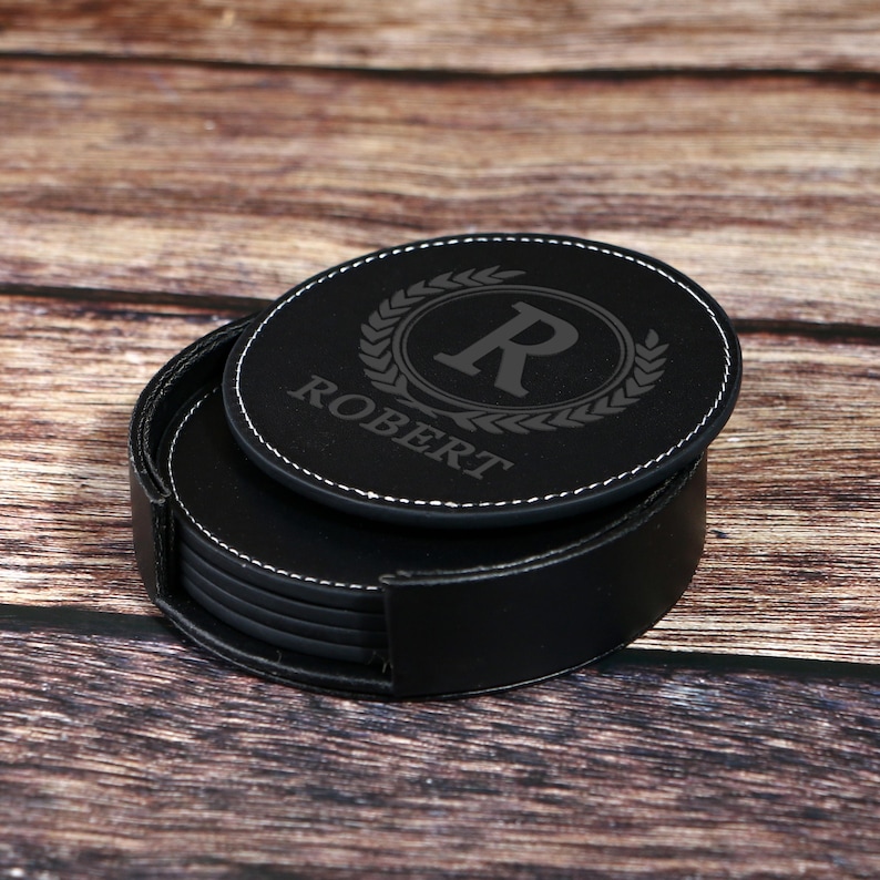 Custom Leather 5 Pcs Round Coaster Set,personalized Coasters,wedding ...
